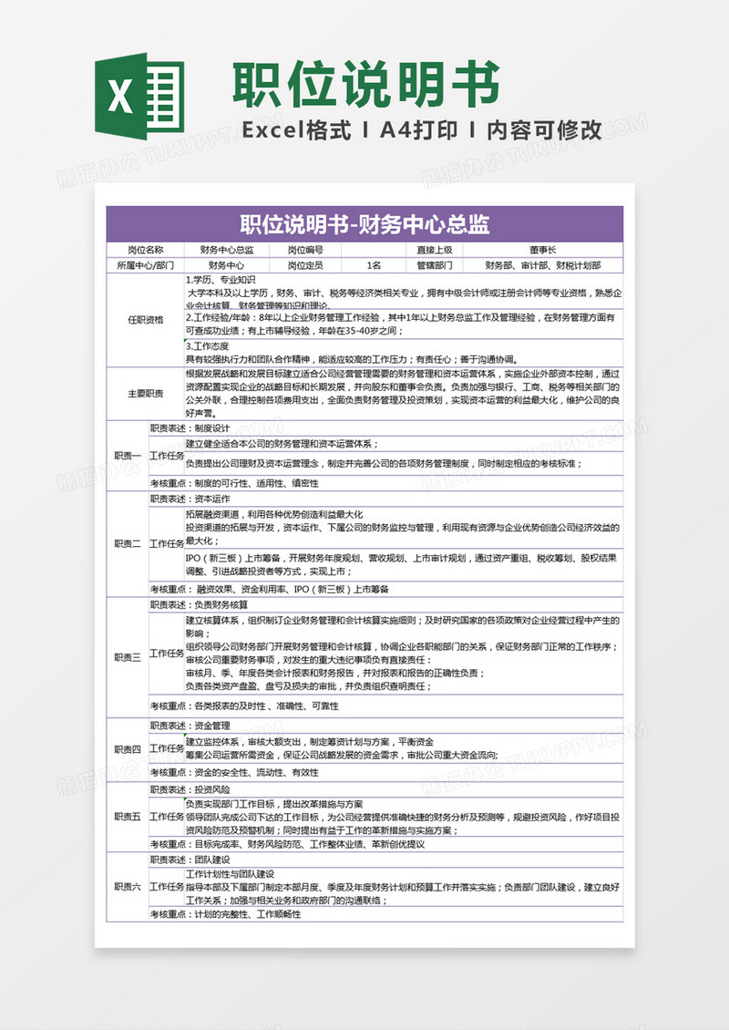 紫色简约职位说明书财务中心总监EXCEL模版模板下载 EXCEL 图客巴巴