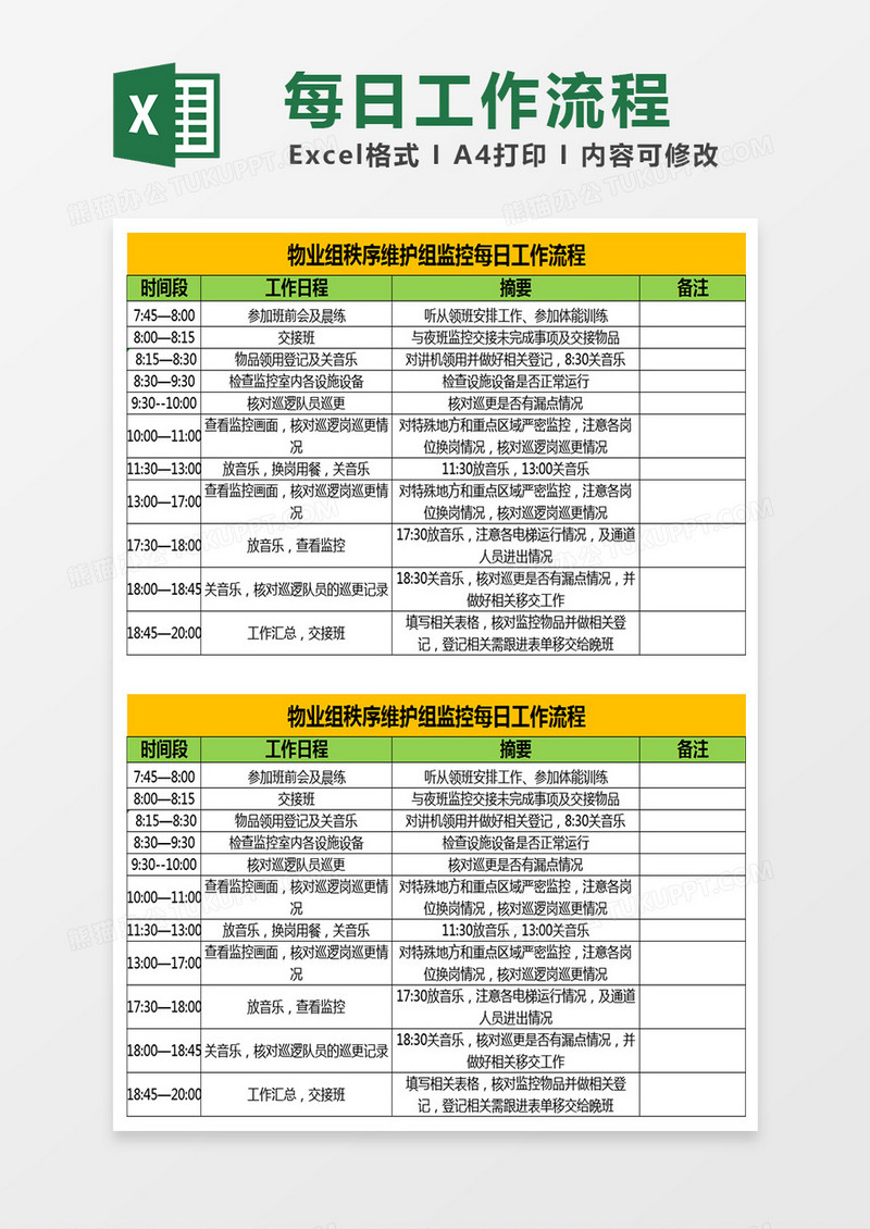 物业每日工作流程EXCEL表格模板下载 工作流程 图客巴巴