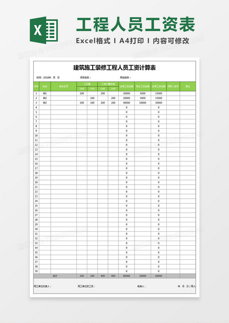 建筑施工装修工程员工薪资计算表模板下载 薪资 图客巴巴