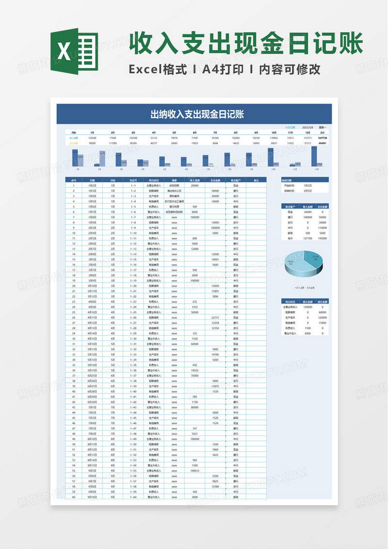 出纳收入支出现金日记账EXCEL模板下载_出纳_图客巴巴